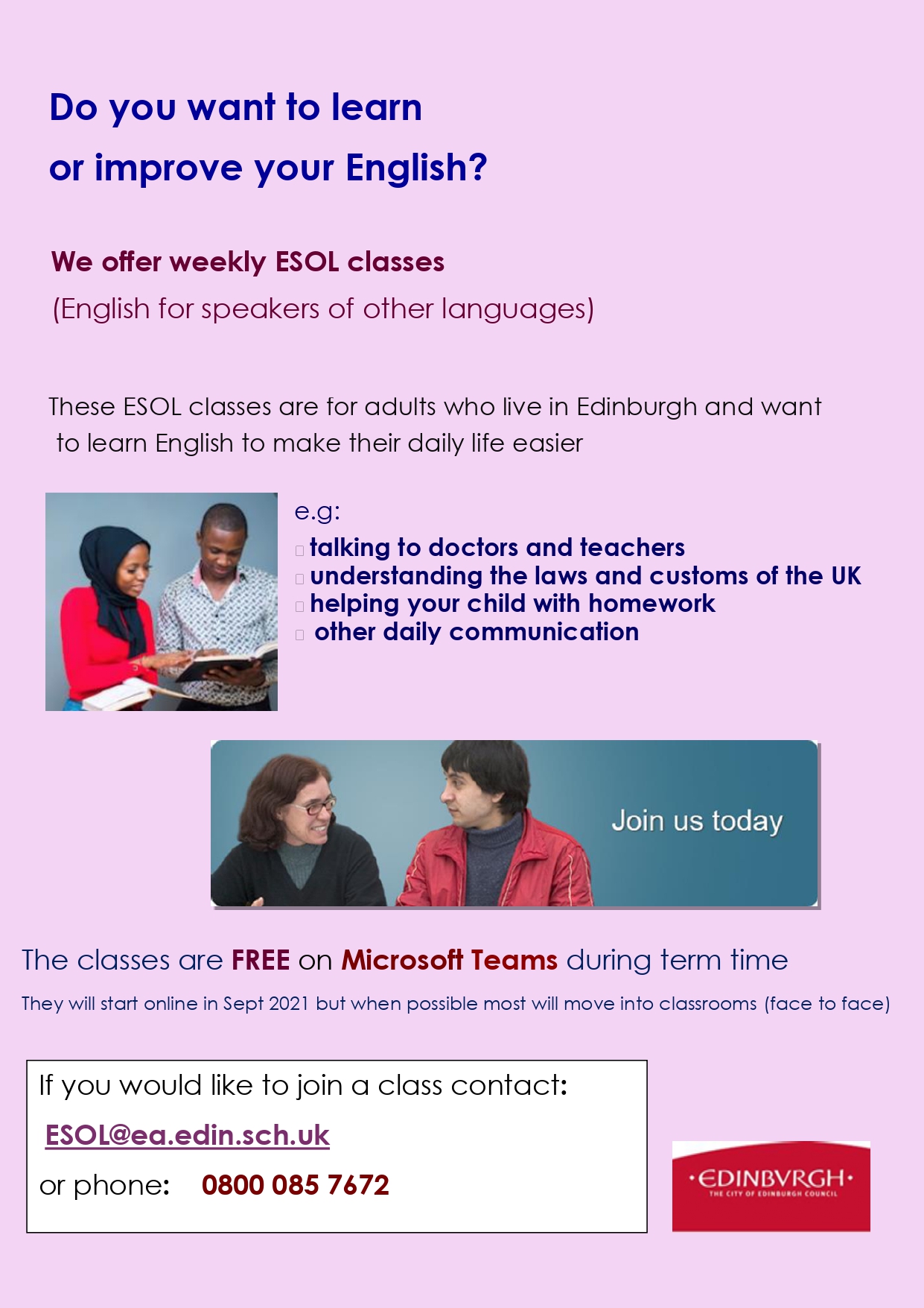 Online ESOL Classes w/b 27th September 2021 – Tynecastle High School