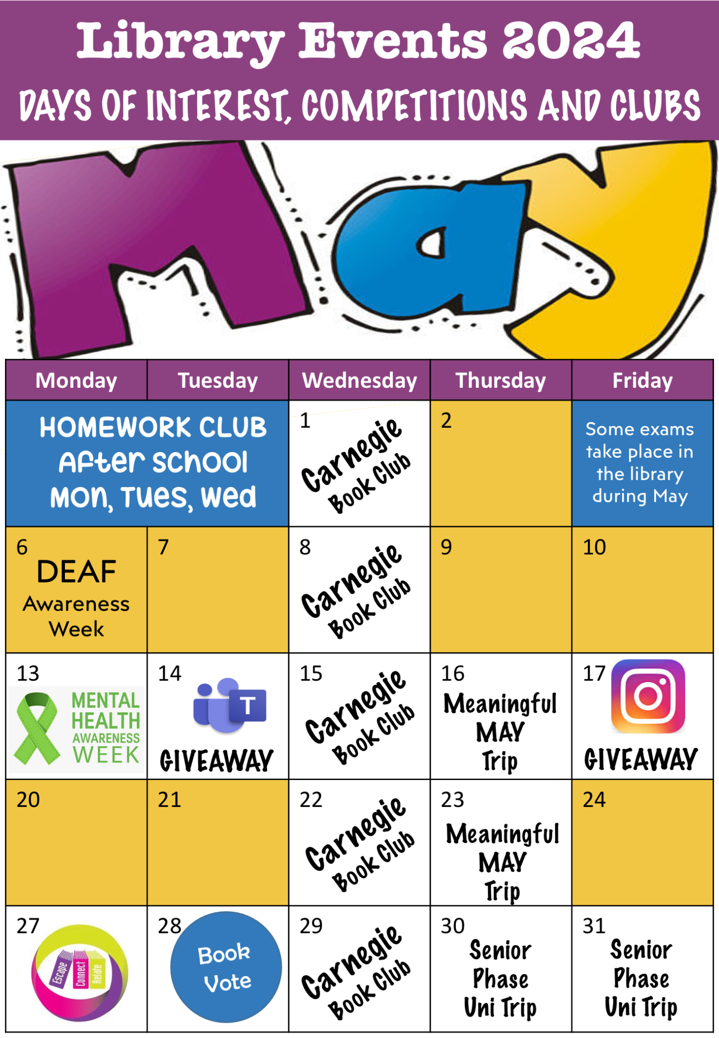 School Library Events Monthly Calendar – Tynecastle High School